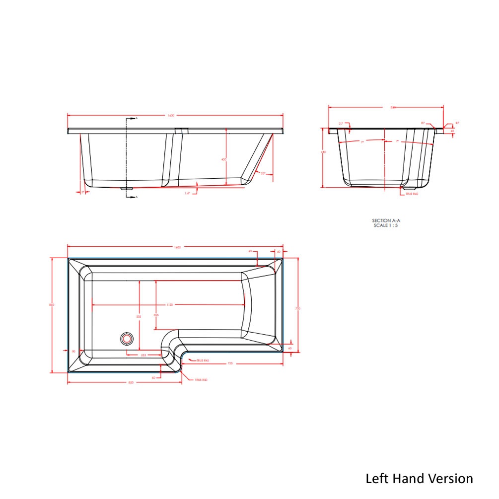 Eastbrook Beaufort Portland 1600 x 850mm L Shape Shower Bath ...