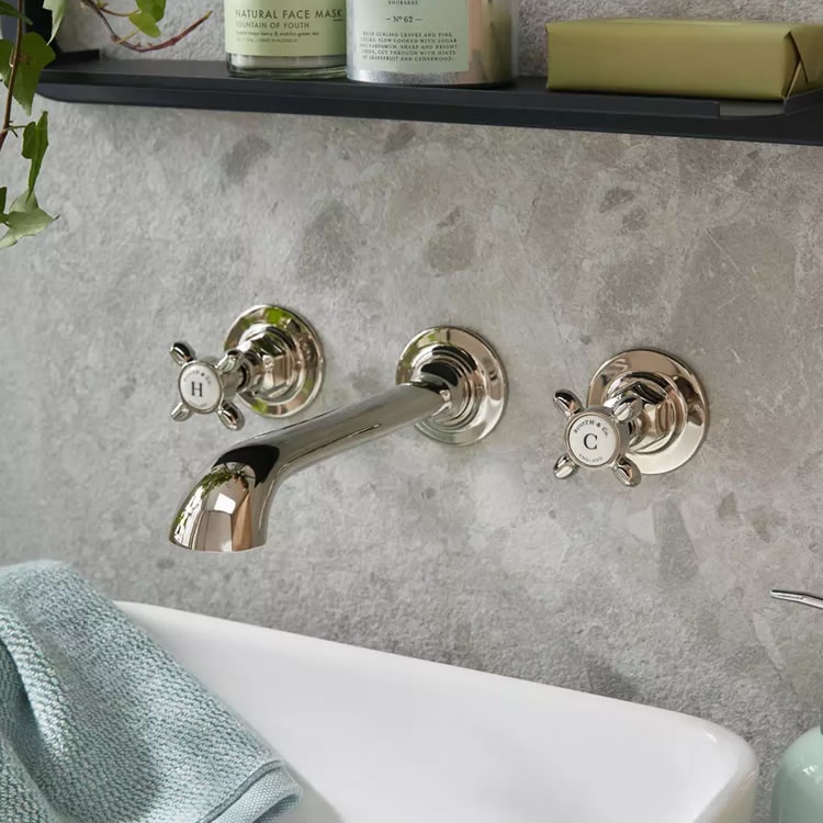 Booth & Co. Axbridge Cross Nickel Wall-Hung Sink Tap | Sanctuary Bathrooms