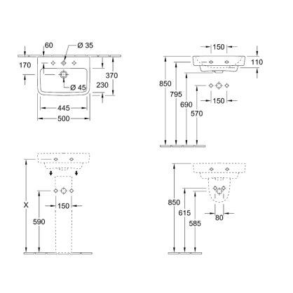 Villeroy & Boch O.Novo 500 Wall Hung Basin & Pedestal | Sanctuary Bathrooms