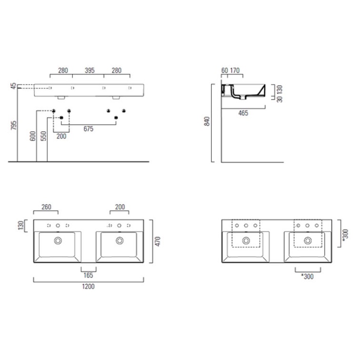GSI Kube X 120 x 47 Double Wall Mounted Basin | Sanctuary Bathrooms