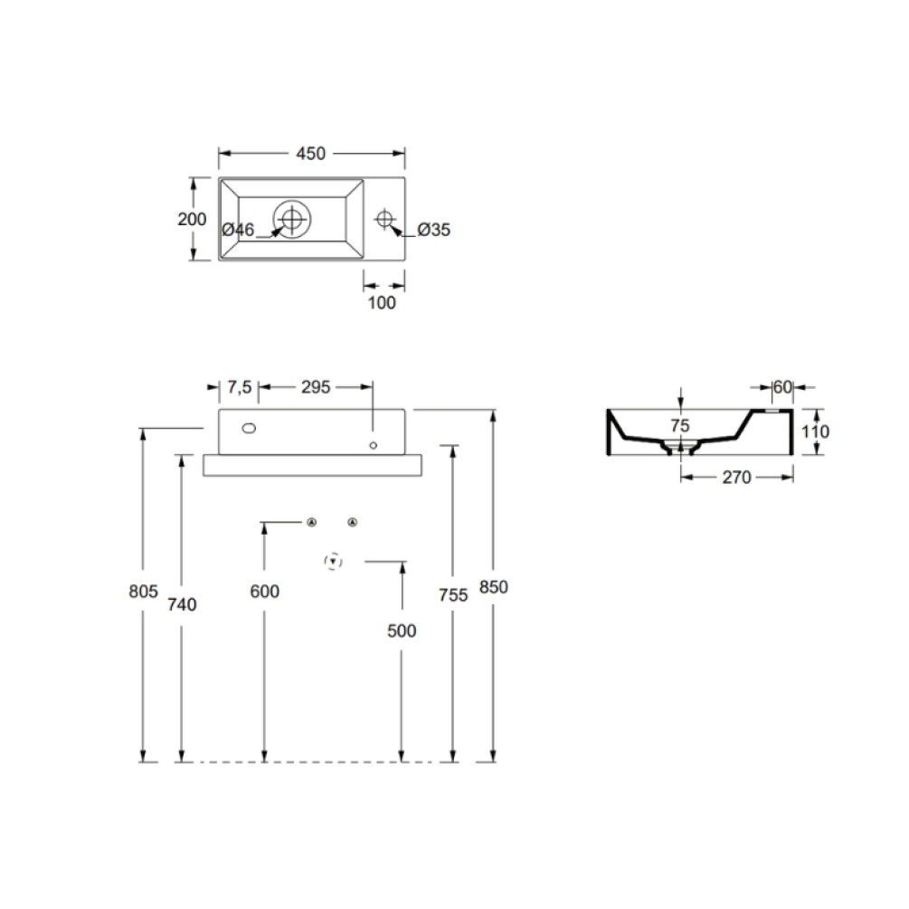 Zero 3 450mm Gloss White Wall Mounted Basin | Sanctuary Bathrooms
