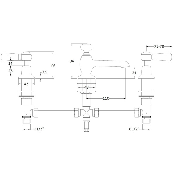 BC Sanitan Chrome Lever 3 Tap Hole Basin Mixer