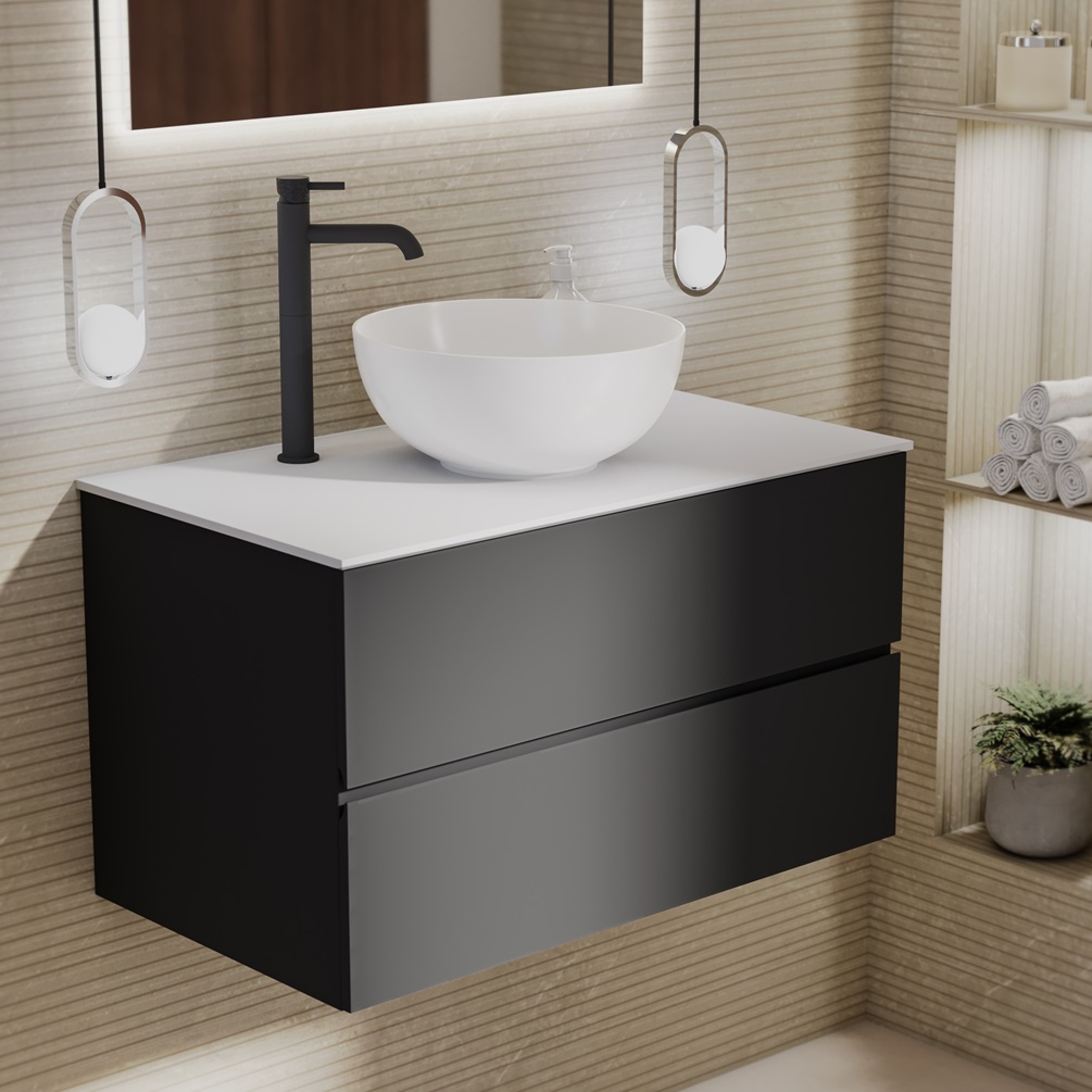 Zero Matt Black 800mm 2 Drawer Wall Hung Vanity & Worktop