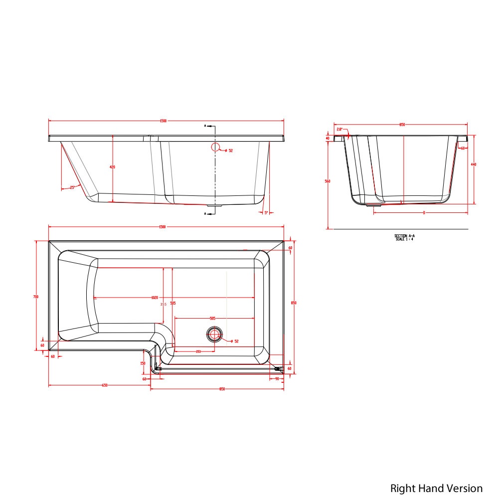 Eastbrook Beaufort Portland 1500 x 850mm L Shape Shower Bath ...