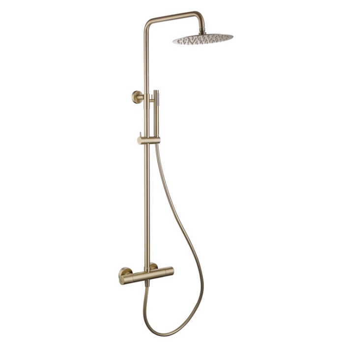 Apex Brushed Brass Round Thermostatic Shower | Sanctuary Bathrooms