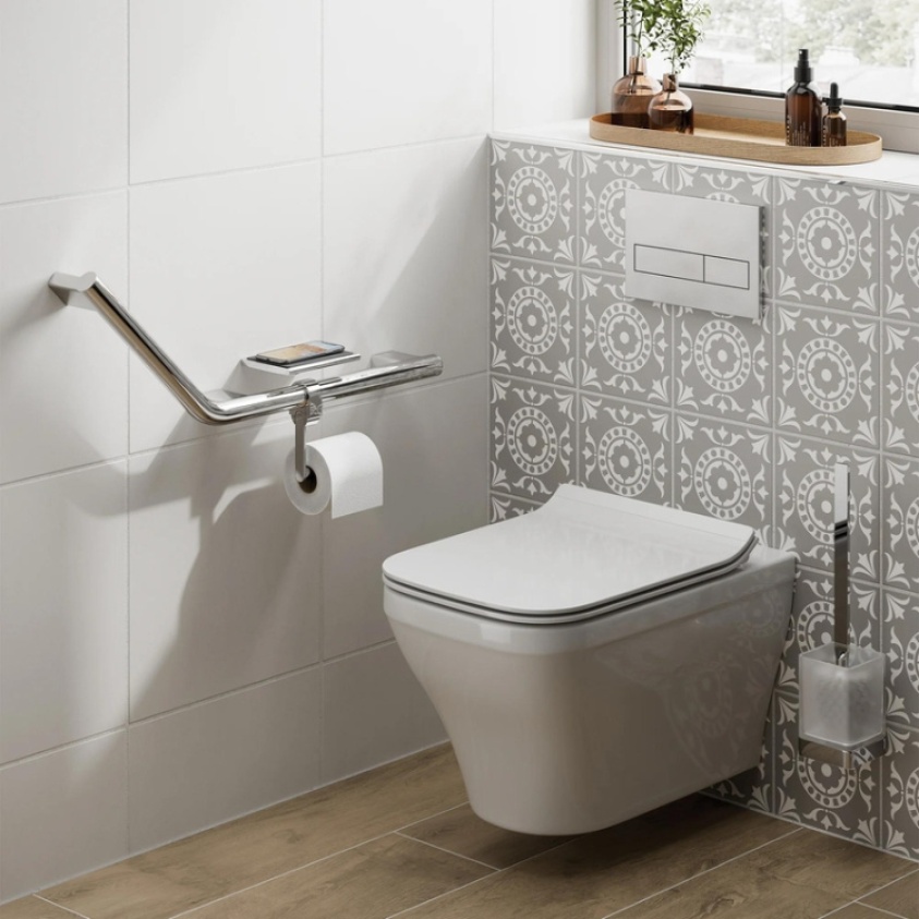 hib. Angled Grab Rail with Toilet Roll Holder & Shelf | Sanctuary