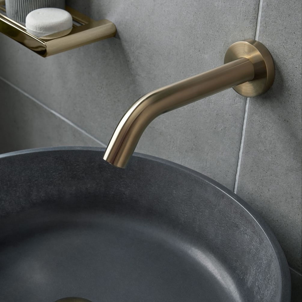 Vado Individual Gold Basin Wall Sensor Spout | Sanctuary Bathrooms