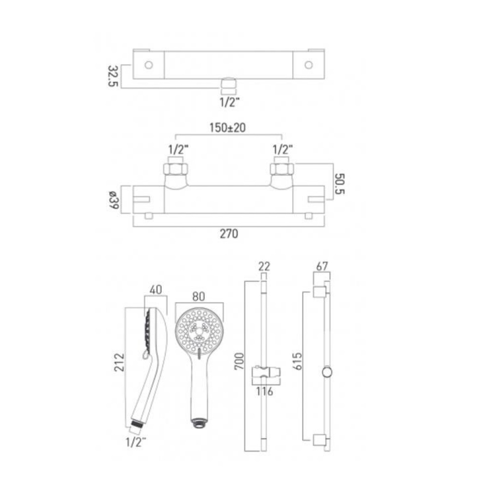 Vado Prima Exposed Thermostatic Shower Valve & 3 Function Shower Kit ...