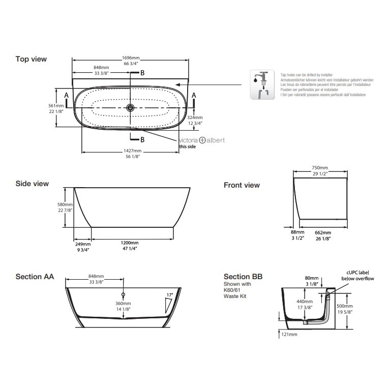 V+A Lussari 1700 Back To Wall Freestanding Bath | Sanctuary Bathrooms