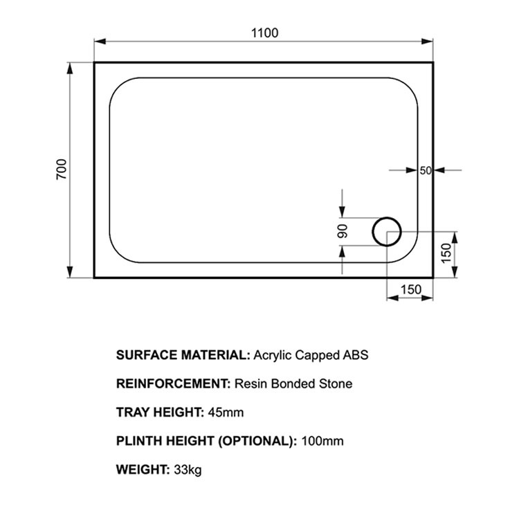 Kudos KStone 1100x700 Rectangle Shower Tray | Sanctuary Bathrooms