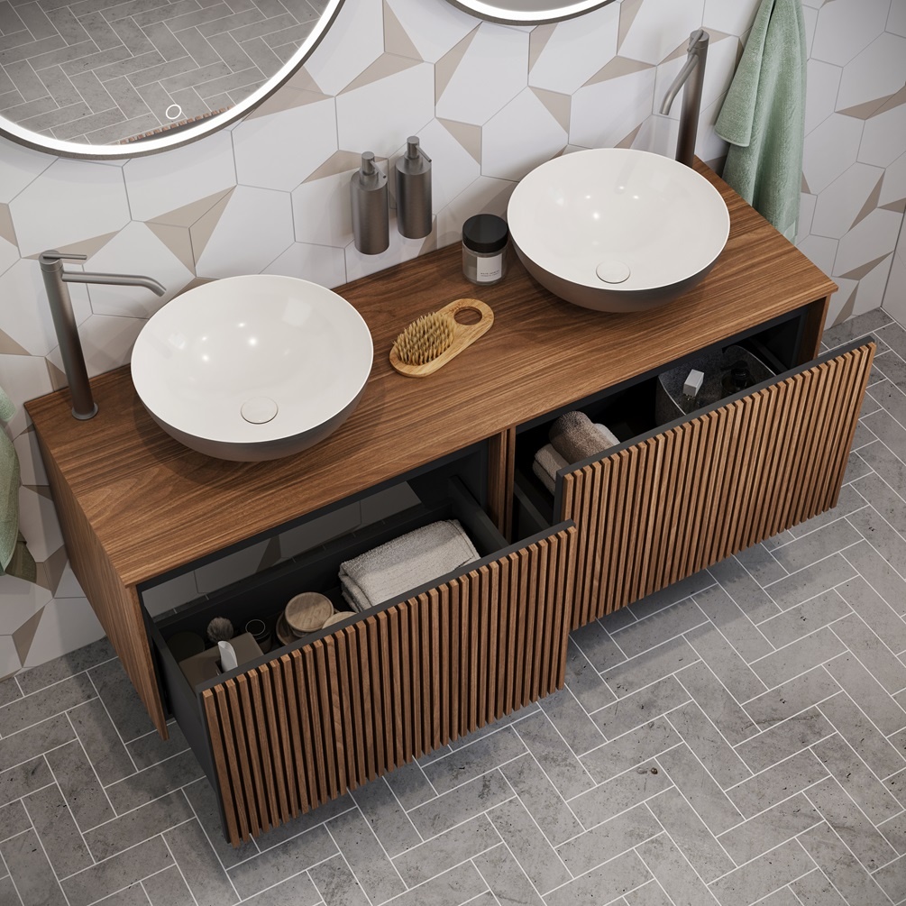 Crosswater Limit 1400mm Walnut Double Vanity Unit & Worktop
