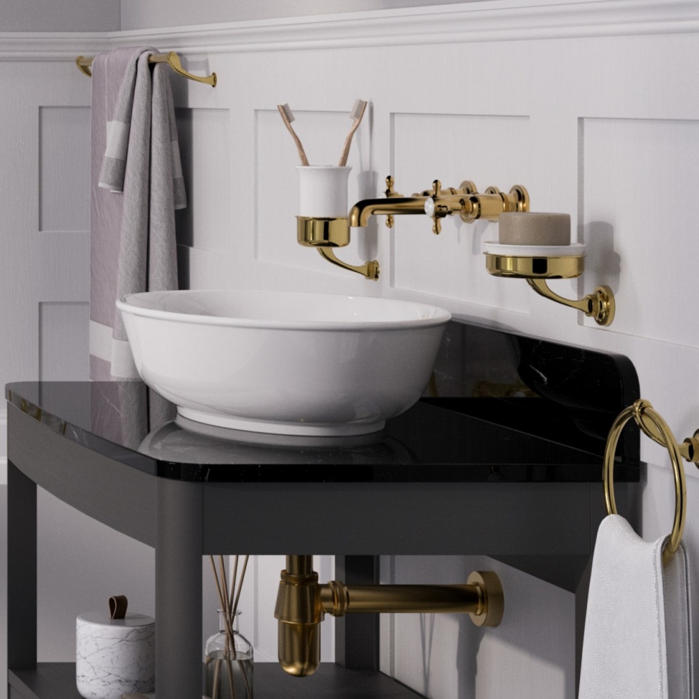 Burlington Guild Gold 3 Tap Hole Wall Mounted Basin Tap