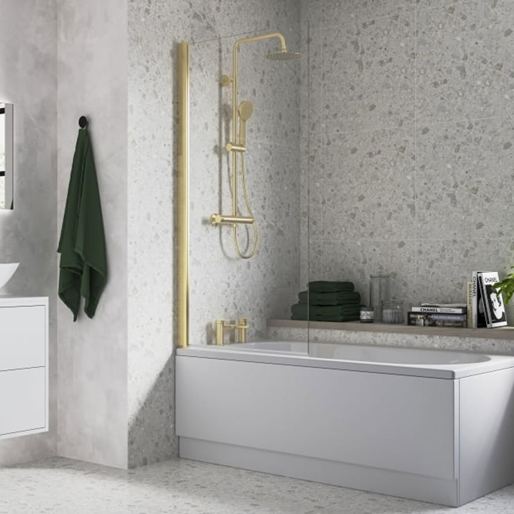 Camden Brushed Brass Single Straight Bath Screen | Sanctuary Bathrooms