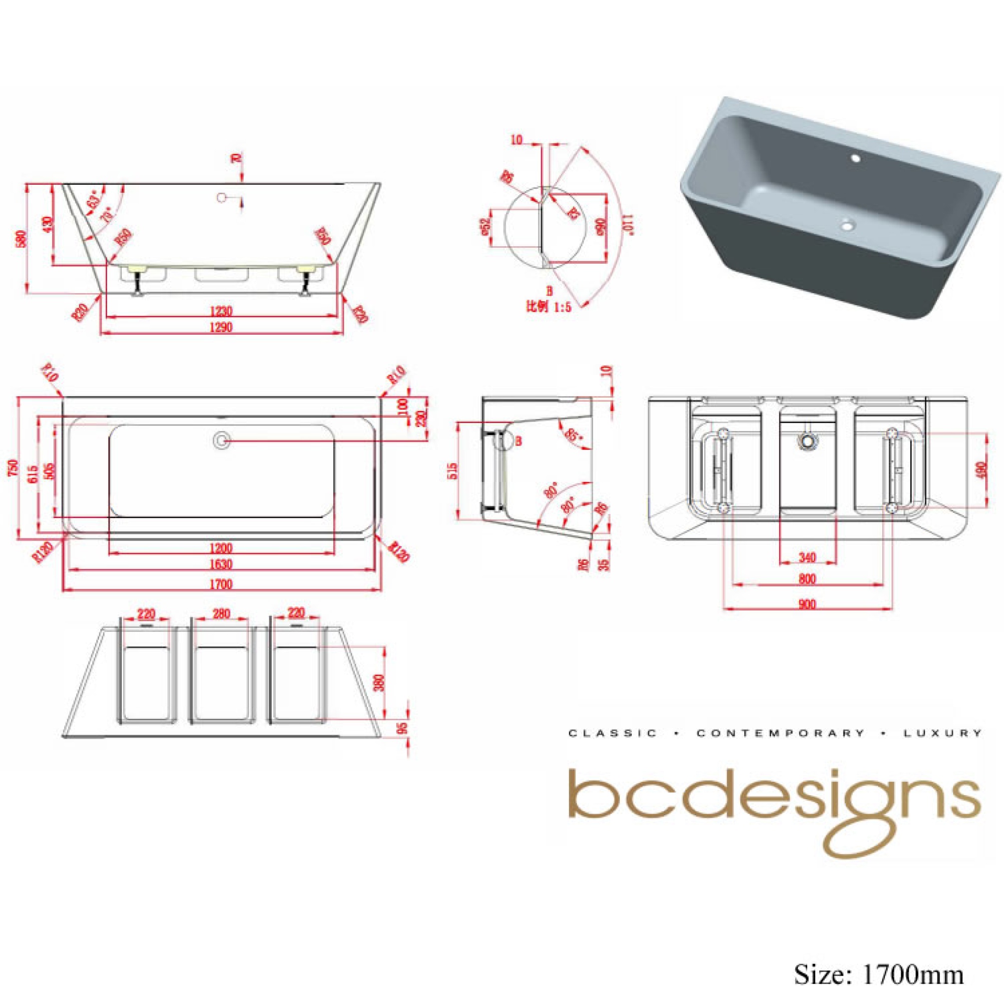 BC Designs Ancora Square Back To Wall Freestanding Bath
