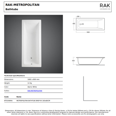 RAK Ceramics Metropolitan Bath | Sanctuary Bathrooms