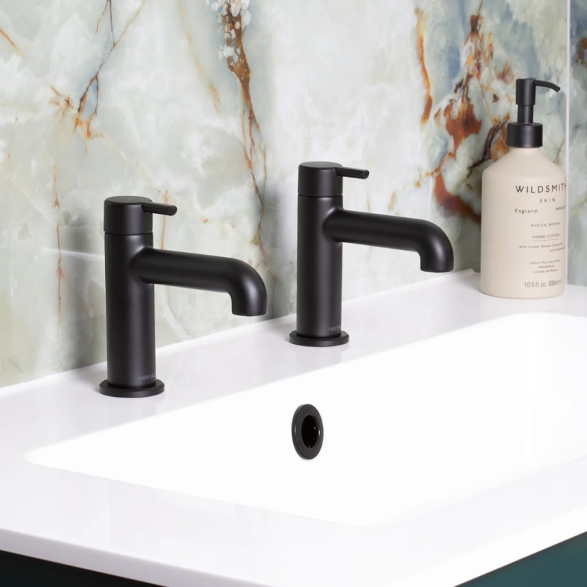 Heritage Dartmouth Matt Black Basin Pillar Taps