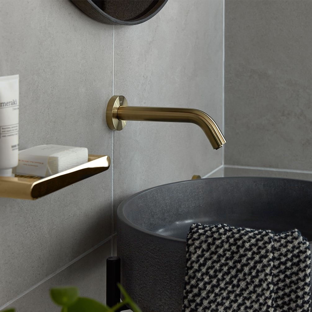 Vado Individual Gold Basin Wall Sensor Spout | Sanctuary Bathrooms