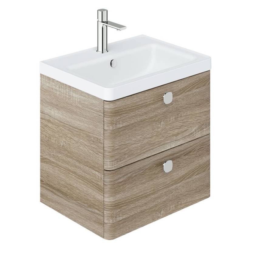 Vado Cameo 600mm Natural Oak Wall Hung 2 Drawer Vanity Unit & Basin ...