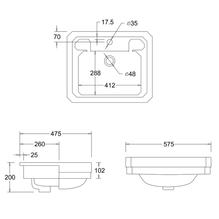 Burlington Contemporary 580 Semi Recessed Basin | Sanctuary Bathrooms