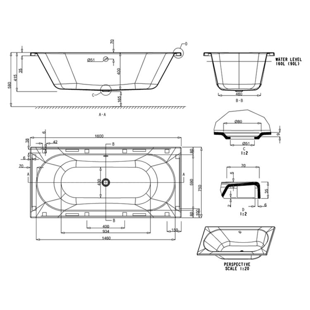 Britton Bathrooms Verde 1600 x 750mm Double Ended Bath