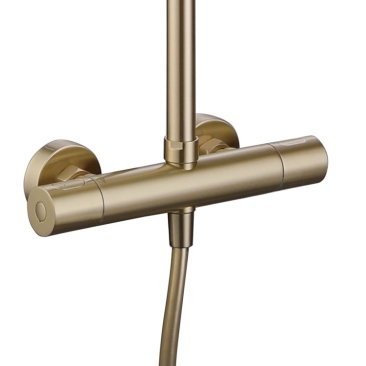 Apex Brushed Brass Round Thermostatic Shower | Sanctuary Bathrooms