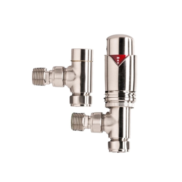 Velaro Nickel Angled Thermostatic Rad Valves | Sanctuary