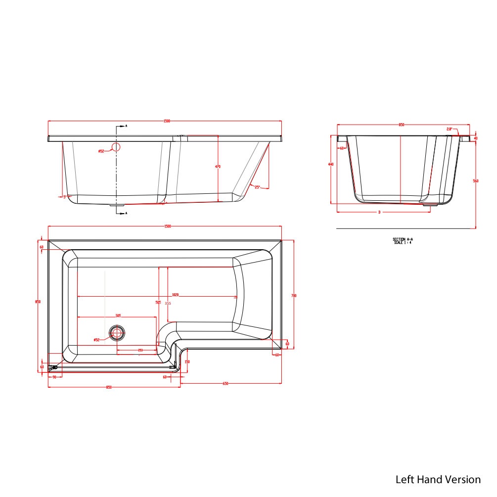 Eastbrook Beaufort Portland 1500 x 850mm L Shape Shower Bath ...