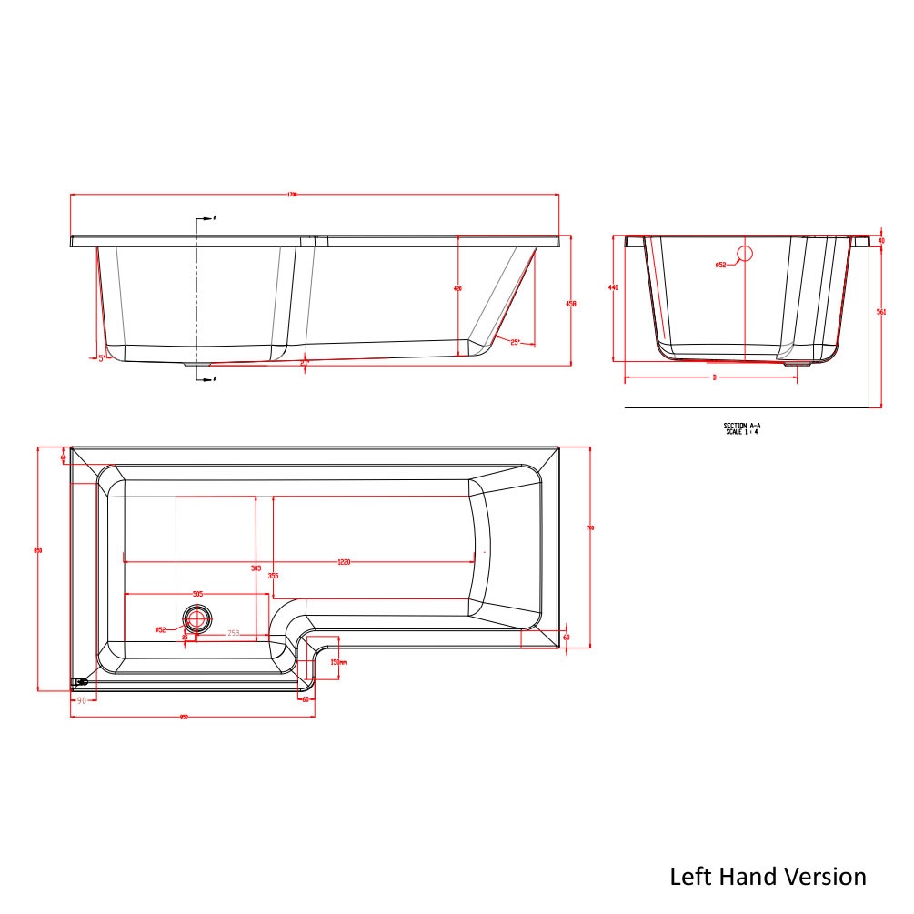 Eastbrook Beaufort Portland 1700 x 850mm L Shape Shower Bath ...